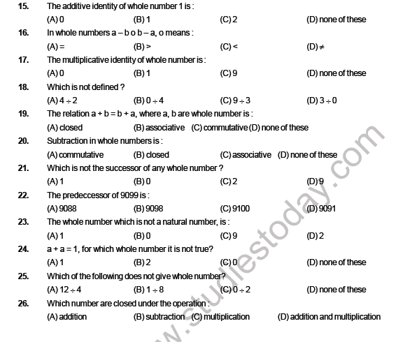 CBSE Class 6 Mathematics Whole Numbers MCQs with Answers CBSE Class 6 Mathematics Whole Numbers MCQs with Answers